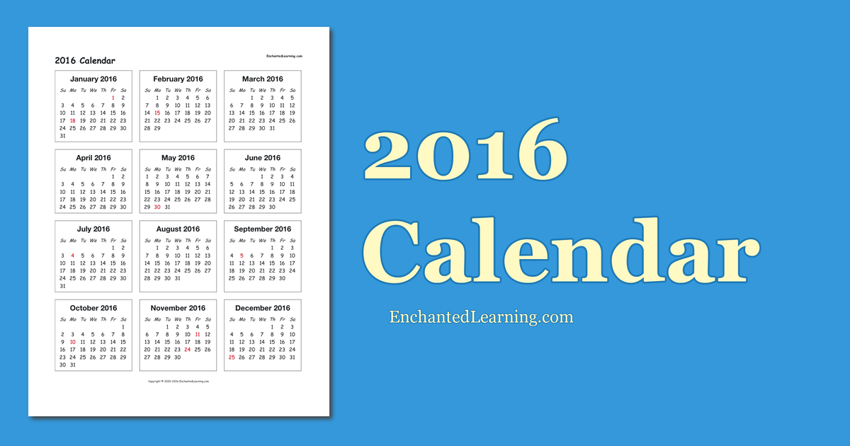 2016 One-Page Calendar - Enchanted Learning