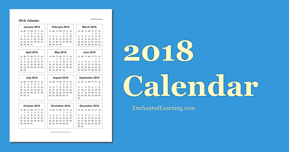 2018 One-Page Calendar - Enchanted Learning