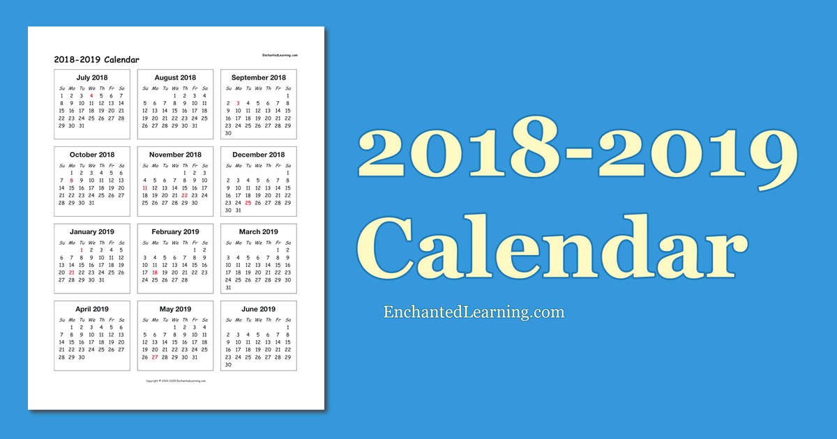 2018-2019 School-Year One-Page Calendar - Enchanted Learning