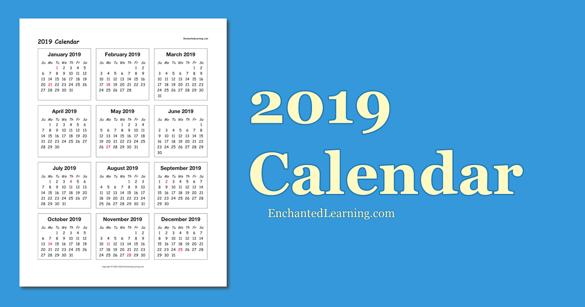 2019 One-Page Calendar - Enchanted Learning