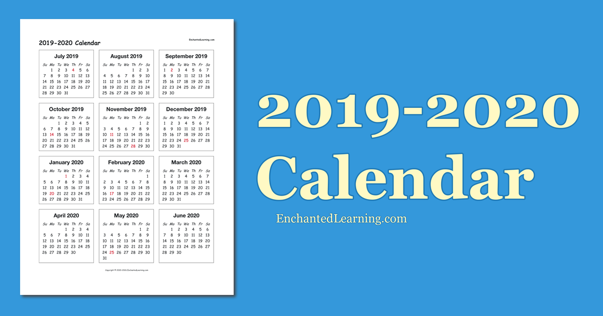 2019-2020 School-Year One-Page Calendar - Enchanted Learning