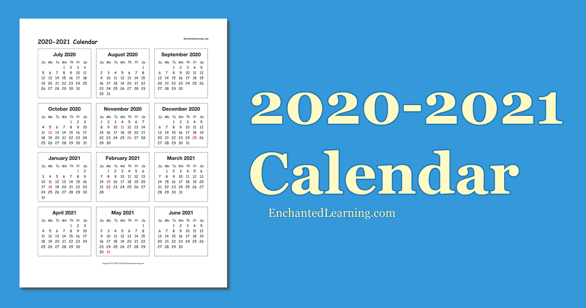 2020-2021 School-Year One-Page Calendar - Enchanted Learning