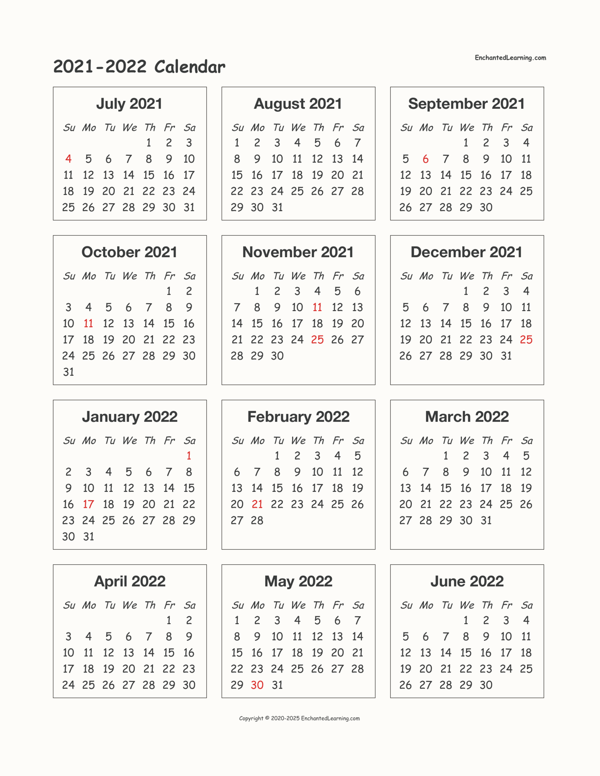 2021 2022 School Year One Page Calendar Enchanted Learning