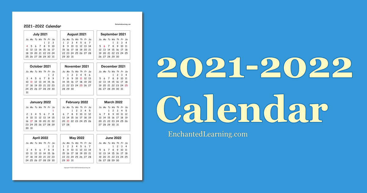 2021-2022 School-Year One-Page Calendar - Enchanted Learning