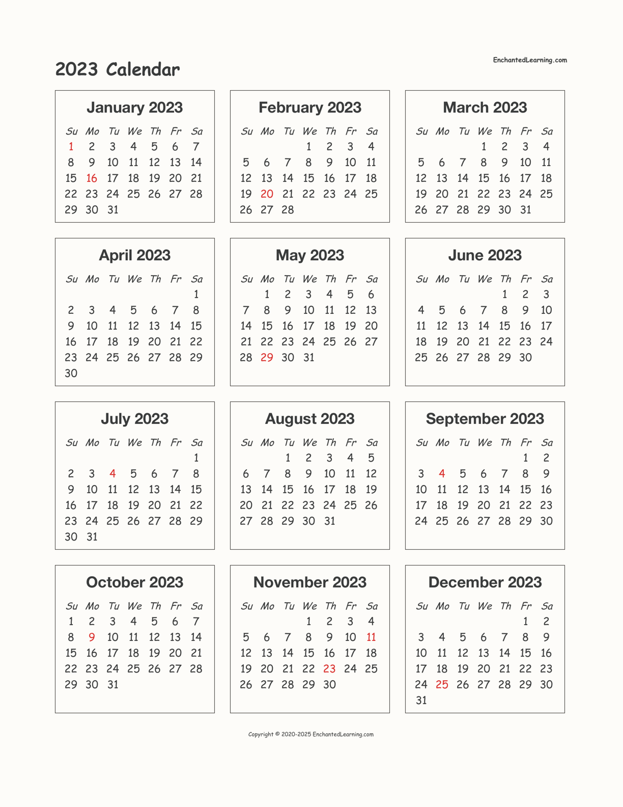 2023 One Page Calendar Enchanted Learning