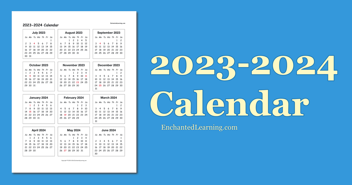 2023-2024 School-Year One-Page Calendar - Enchanted Learning
