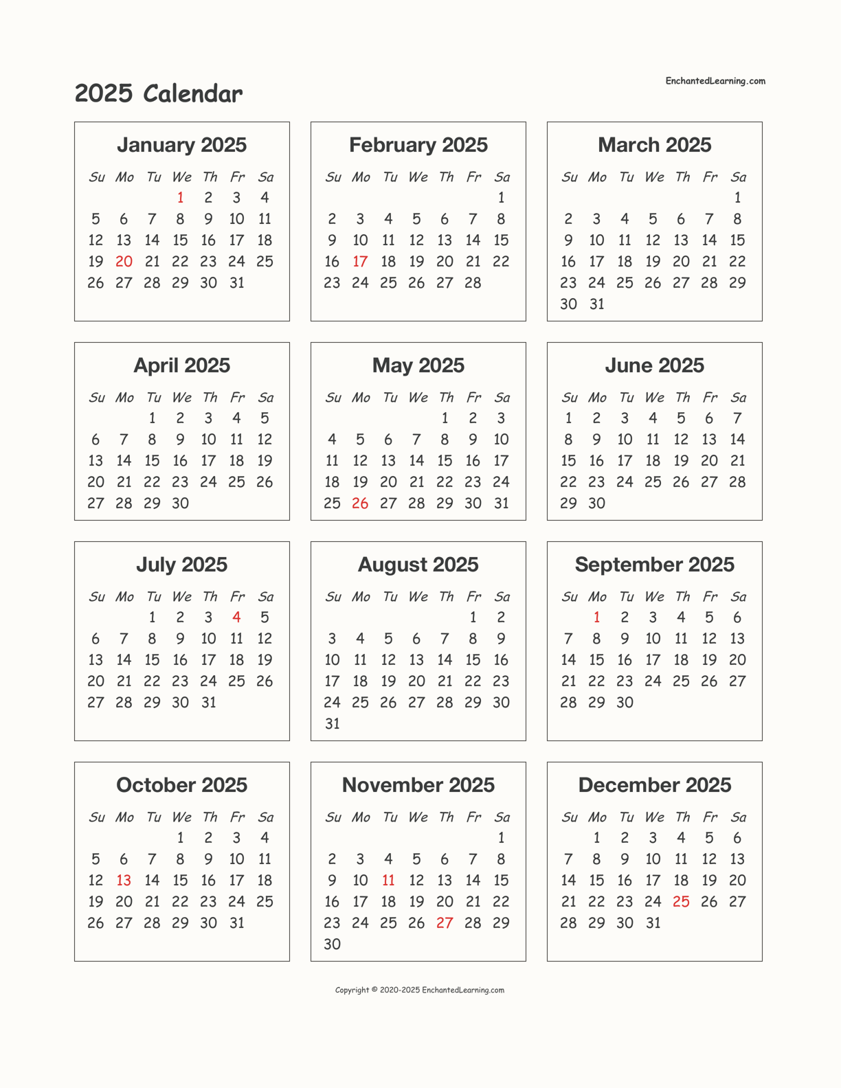 2025 One Page Calendar Enchanted Learning