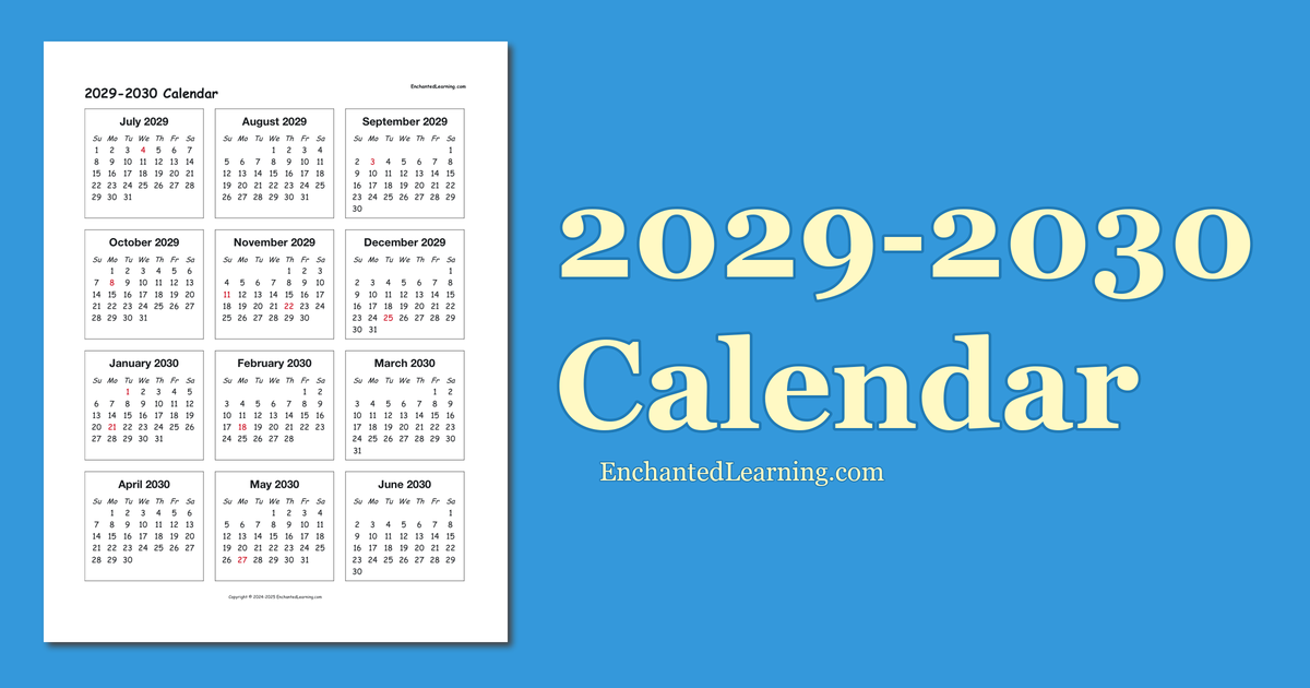 2029-2030 School-Year One-Page Calendar - Enchanted Learning