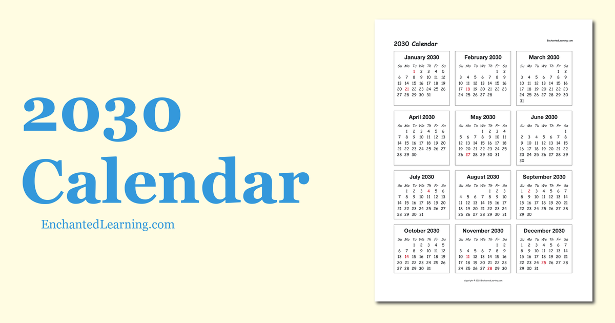 2030 One-Page Calendar - Enchanted Learning