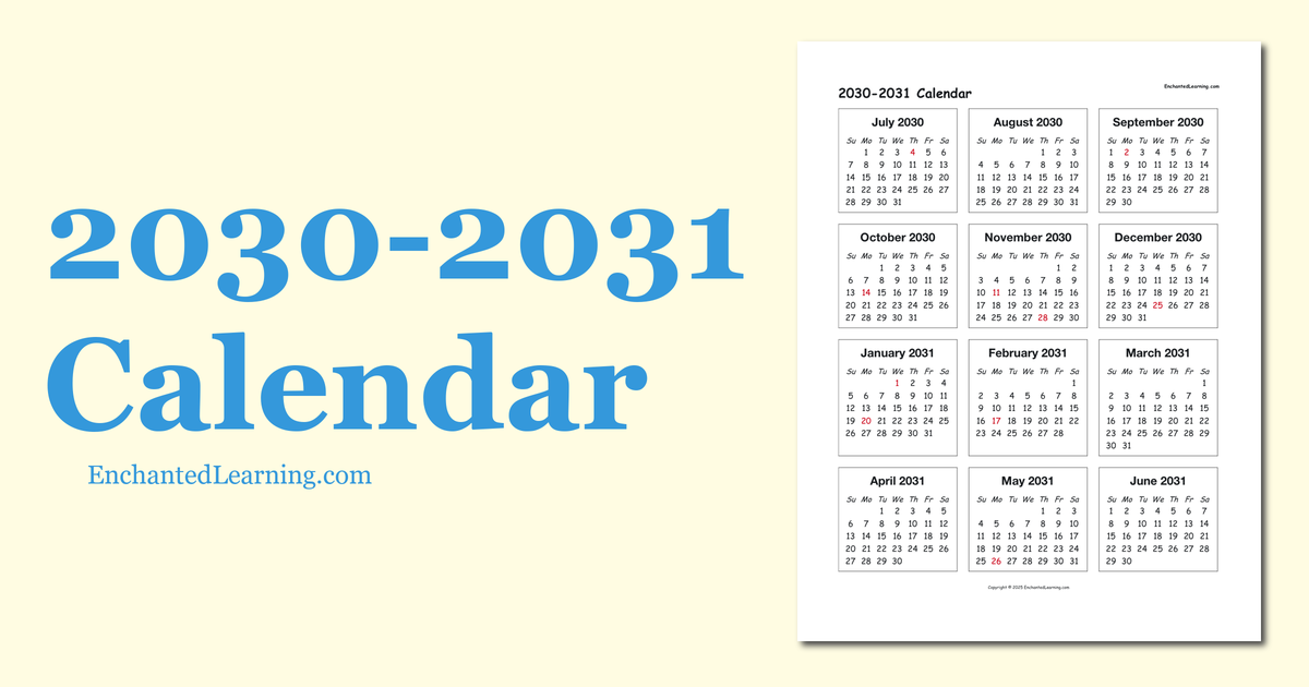 2030-2031 School-Year One-Page Calendar - Enchanted Learning