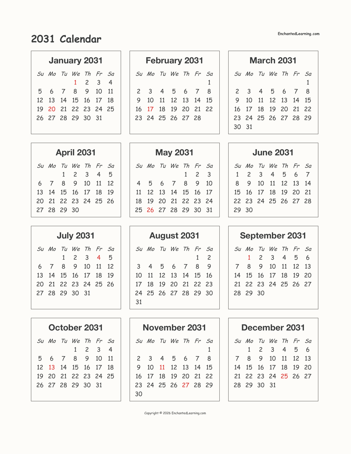 2031 One-Page Calendar - Enchanted Learning