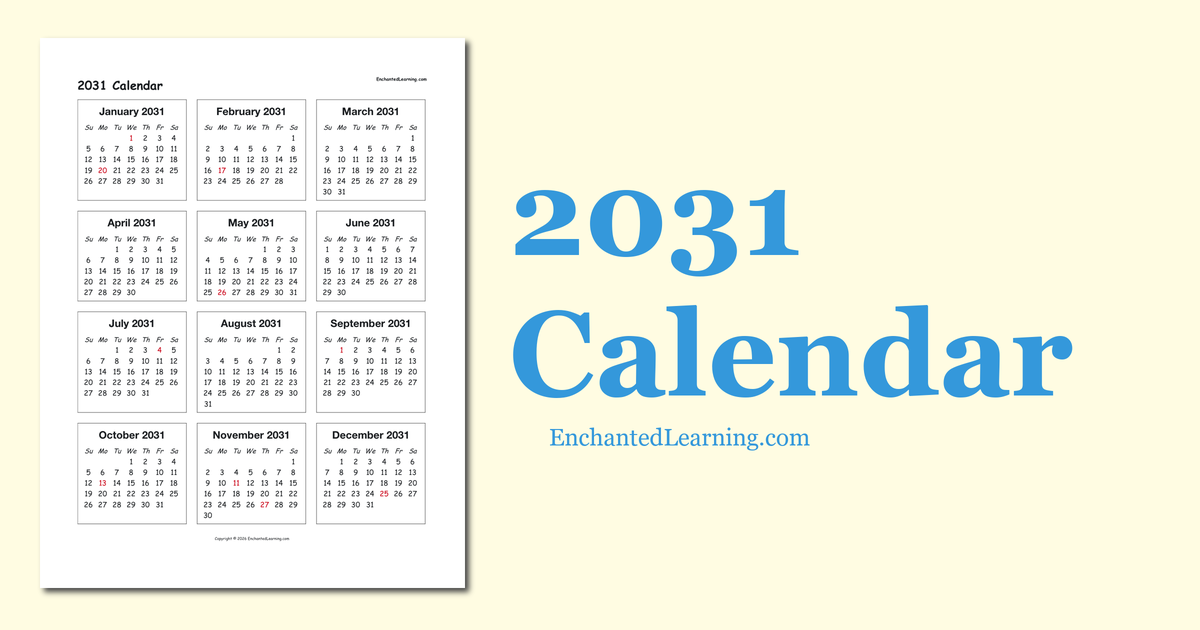 2031 One-Page Calendar - Enchanted Learning