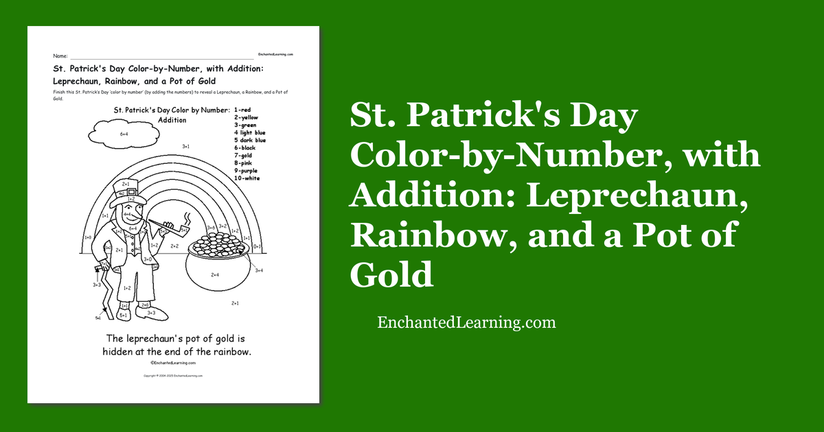 St. Patrick's Day Color-by-Number, with Addition: Leprechaun, Rainbow ...