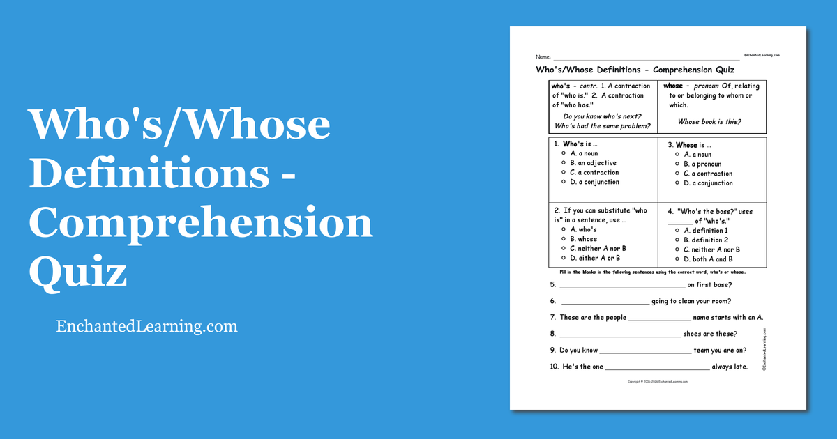Who's/Whose Definitions - Comprehension Quiz - Enchanted Learning