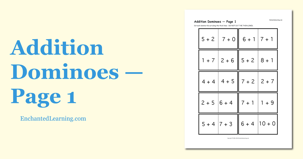 Addition Dominoes — Page 1 - Enchanted Learning