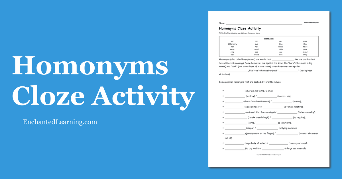 Homonyms Cloze Activity - Enchanted Learning