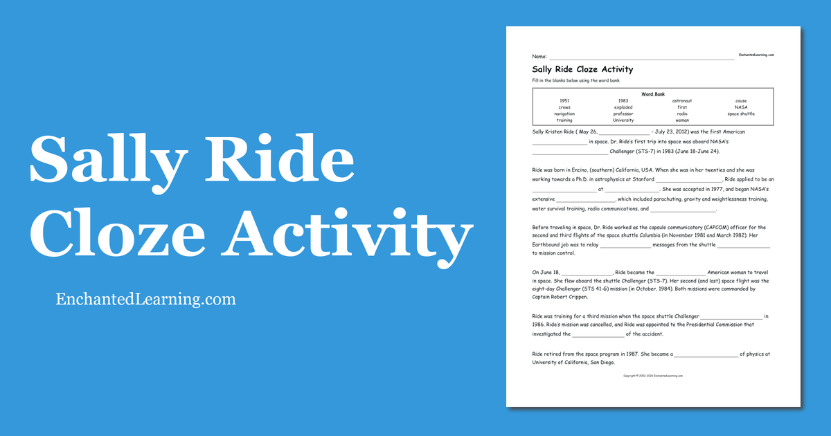 Sally Ride Cloze Activity - Enchanted Learning
