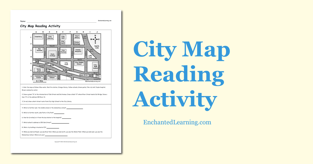 City Map Reading Activity Printout #1 - Enchanted Learning