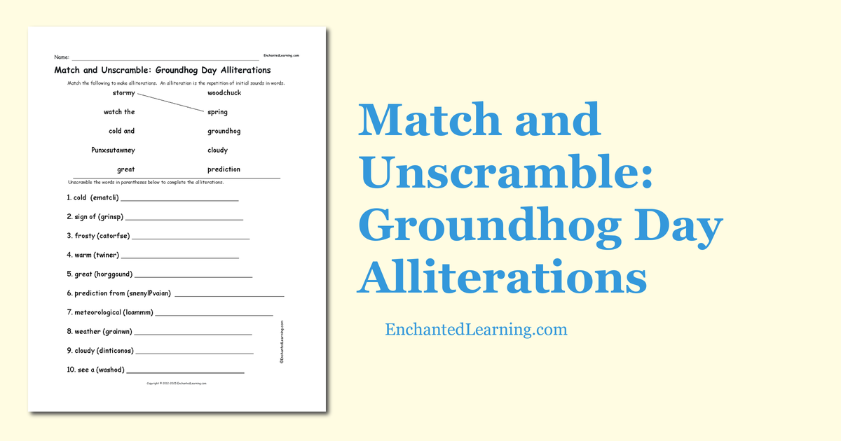 Match and Unscramble: Groundhog Day Alliterations - Enchanted Learning