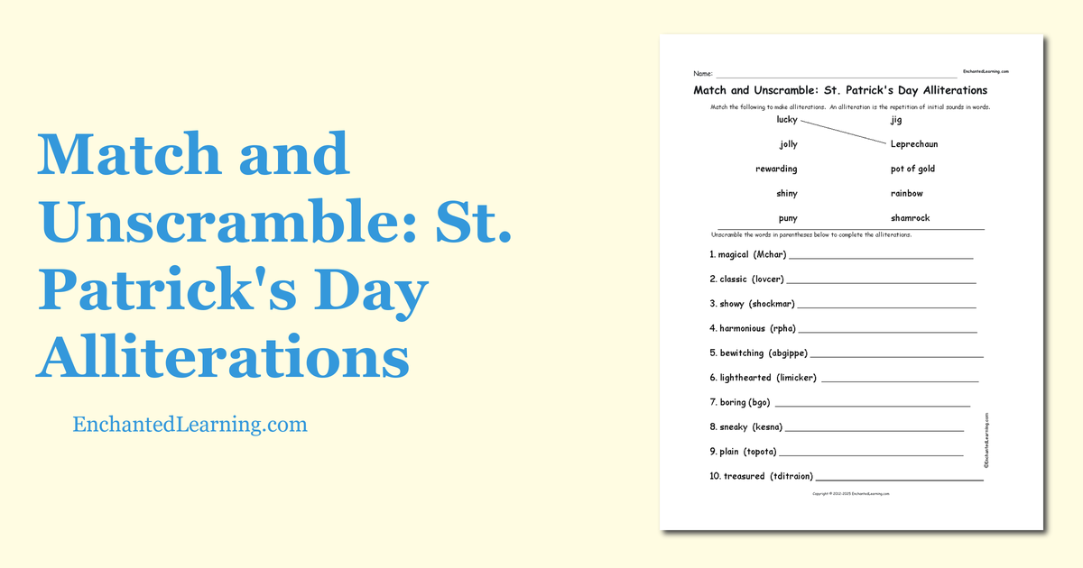 Match and Unscramble: St. Patrick's Day Alliterations - Enchanted Learning