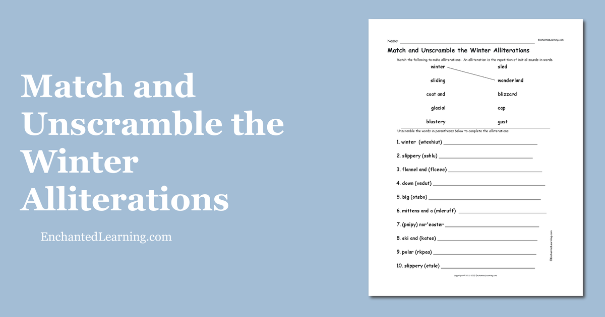 Match and Unscramble the Winter Alliterations - Enchanted Learning