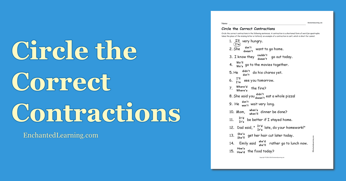 Circle the Correct Contractions Printout - Enchanted Learning