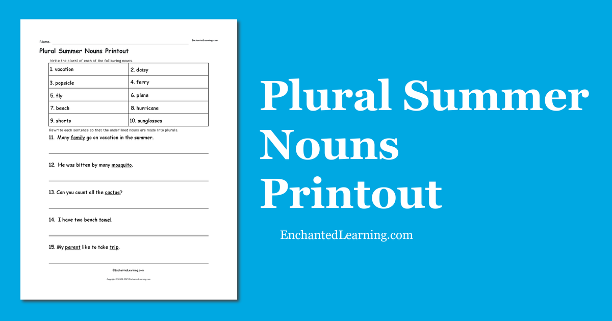 Plural Summer Nouns Printout - Enchanted Learning