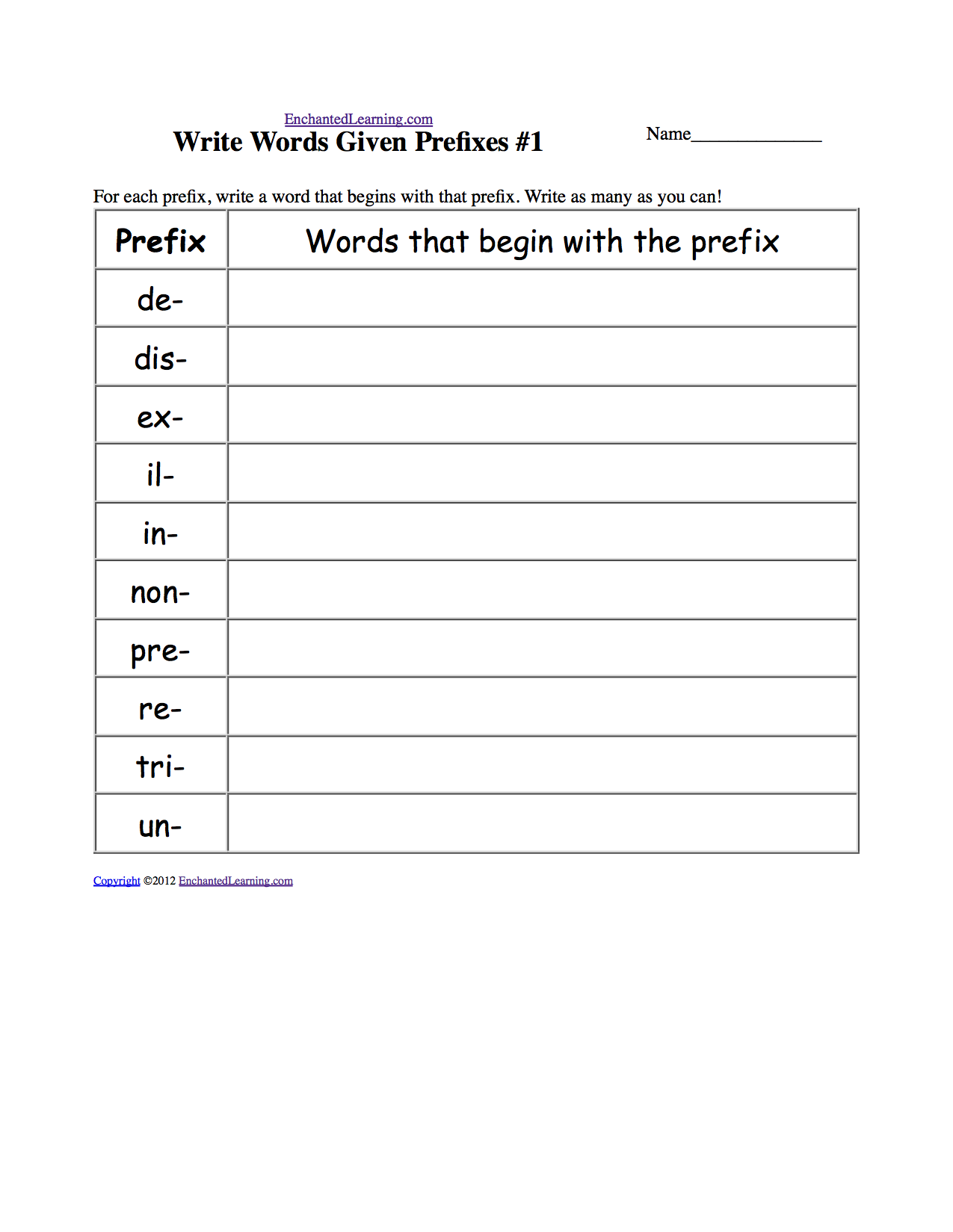 Write Words Given Prefixes Worksheets EnchantedLearning