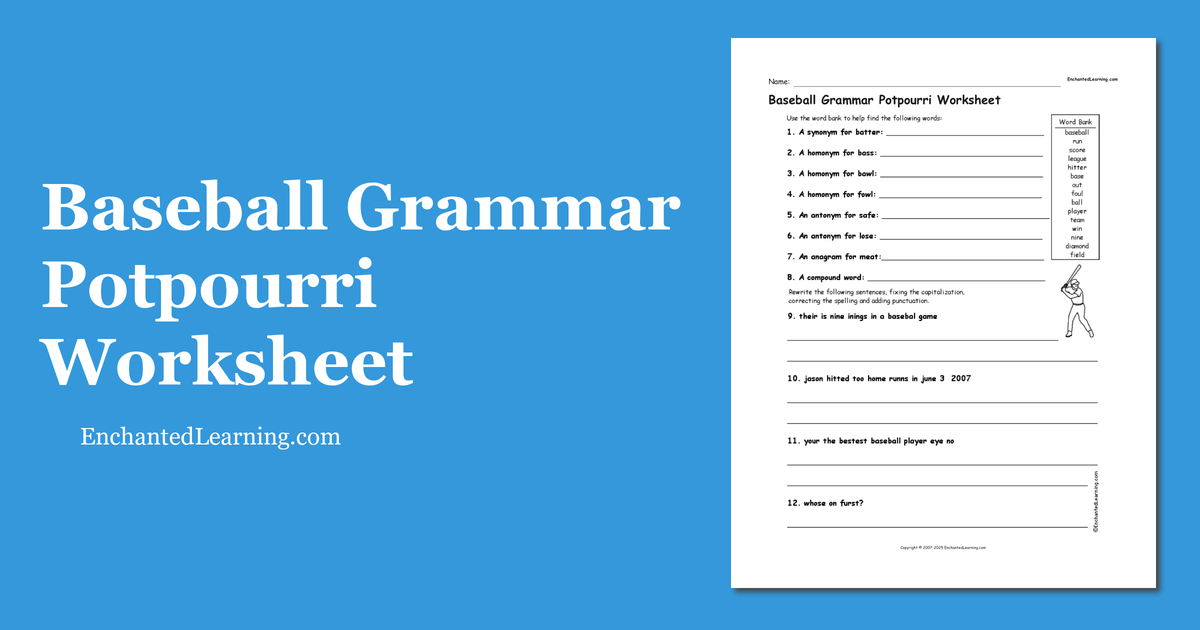 Baseball Grammar Potpourri Worksheet - Enchanted Learning