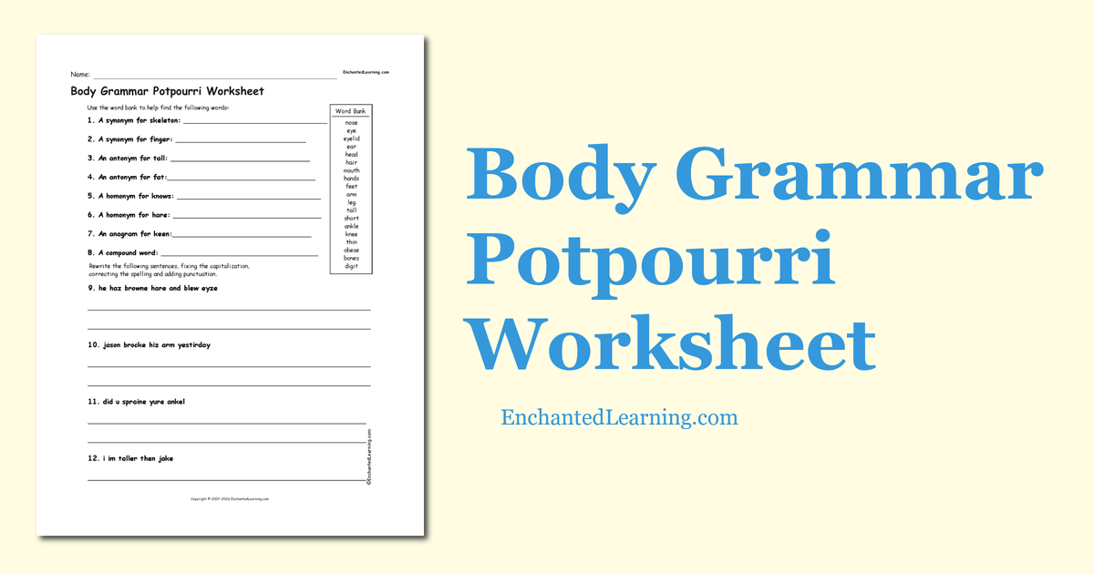 Body Grammar Potpourri Worksheet - Enchanted Learning