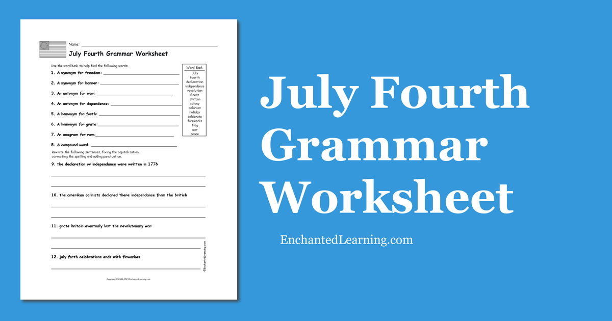July 4th Grammar Worksheet - Enchanted Learning