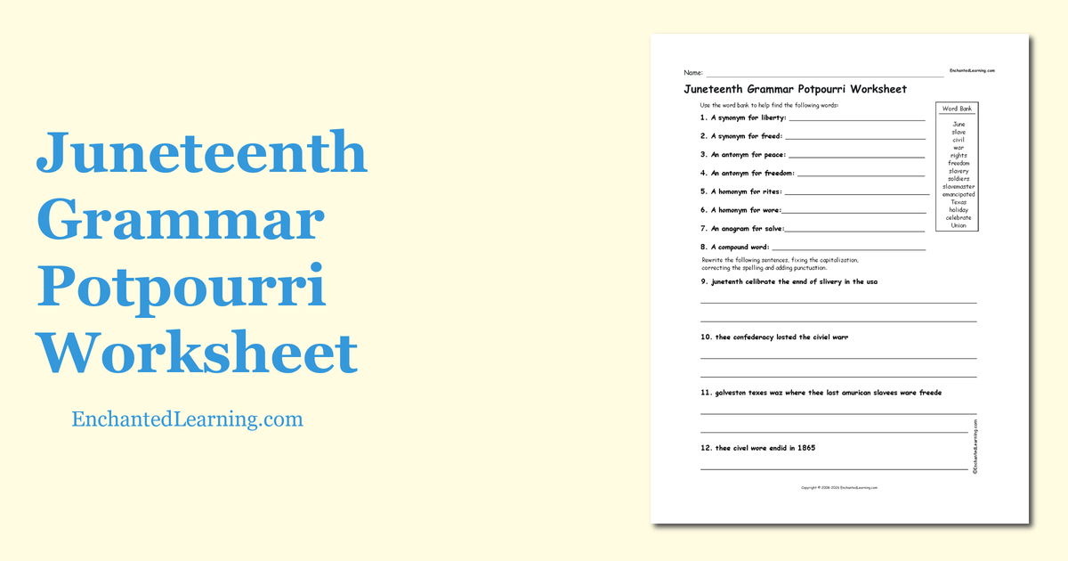 Juneteenth Grammar Potpourri Worksheet - Enchanted Learning