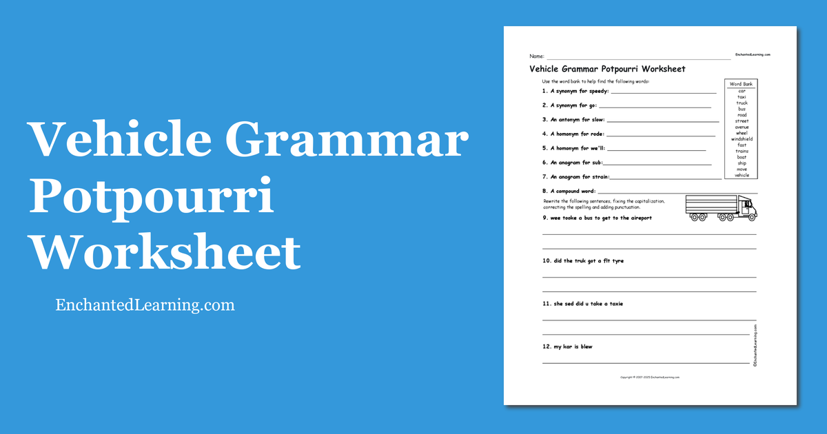 Vehicle Grammar Potpourri Worksheet - Enchanted Learning