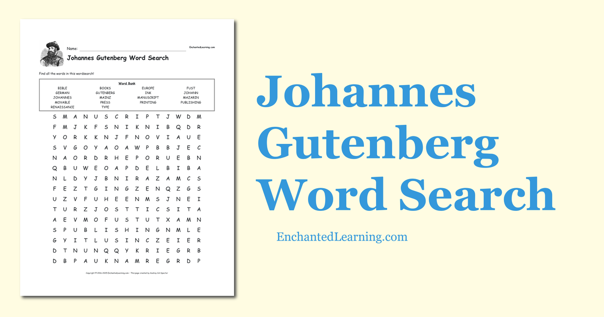 Johannes Gutenberg Word Search - Enchanted Learning