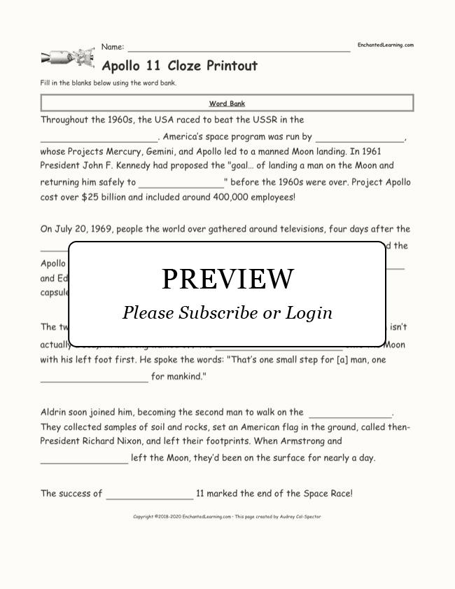 Apollo 11 Cloze Printout - Enchanted Learning