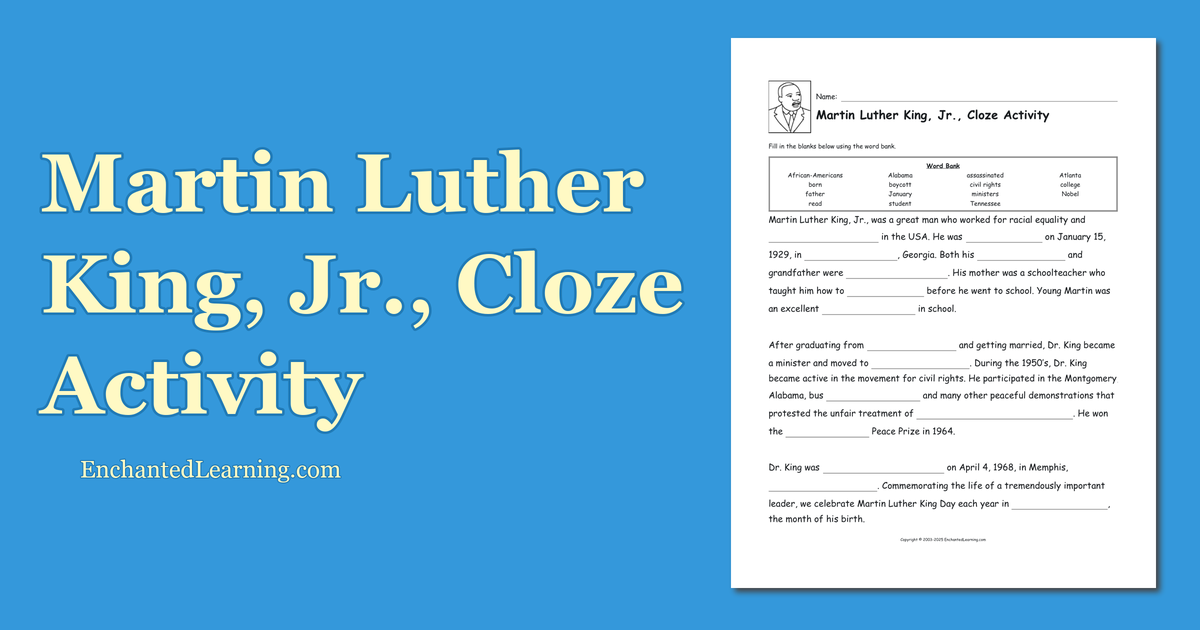 Martin Luther King, Jr., Cloze Activity - Enchanted Learning