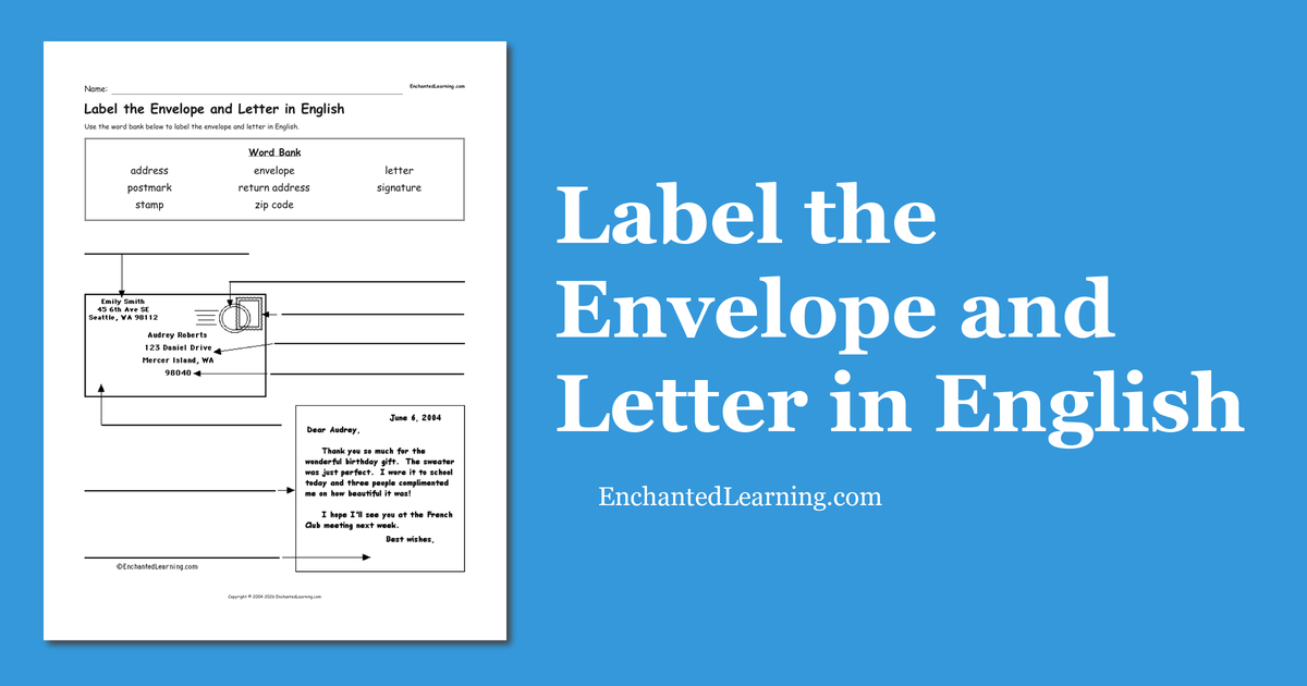 Label the Envelope and Letter in English - Enchanted Learning