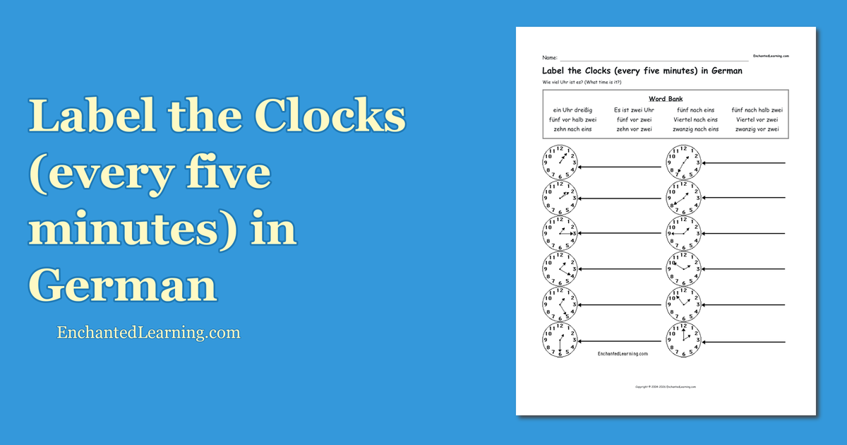 Label the Clocks (every five minutes) in German - Enchanted Learning
