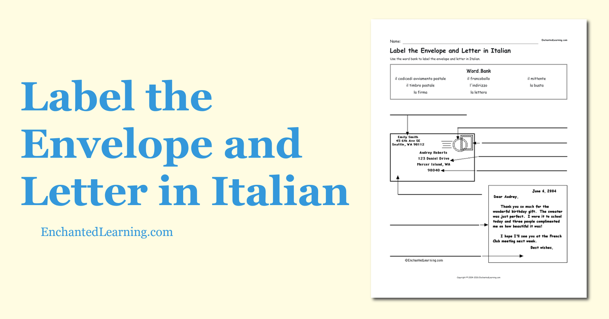 Label the Envelope and Letter in Italian - Enchanted Learning