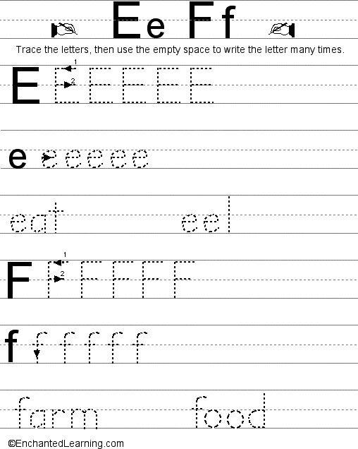 Writing letters, E-F (Traditional Style): EnchantedLearning.com