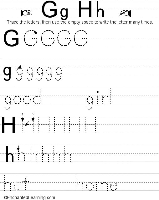 Writing letters, G-H (Traditional Style): EnchantedLearning.com