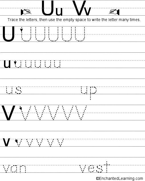 Writing letters, U-V (Traditional Style): EnchantedLearning.com
