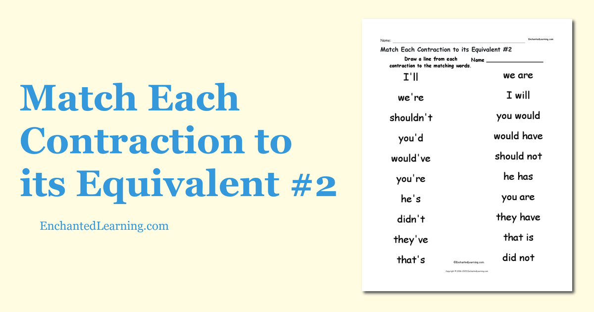 Match Each Contraction to its Equivalent Printout #2 - Enchanted Learning