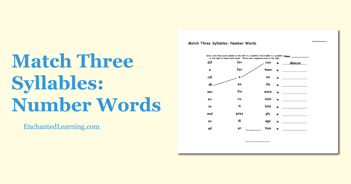 Match Three Syllables: Number Words - Enchanted Learning