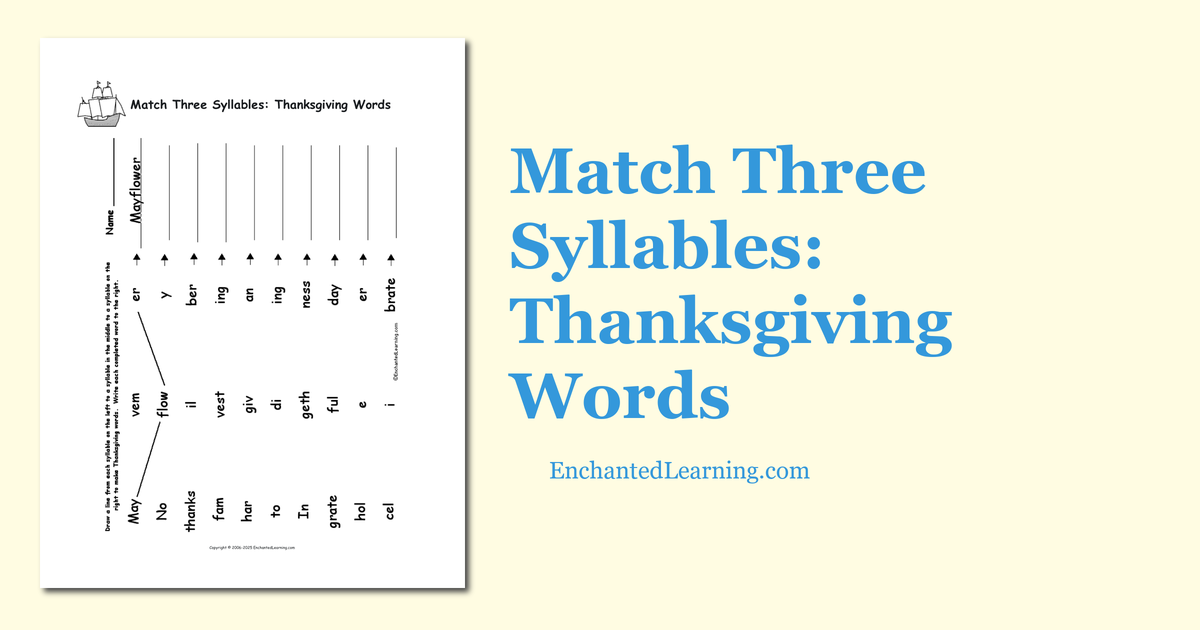Match Three Syllables: Thanksgiving Words - Enchanted Learning