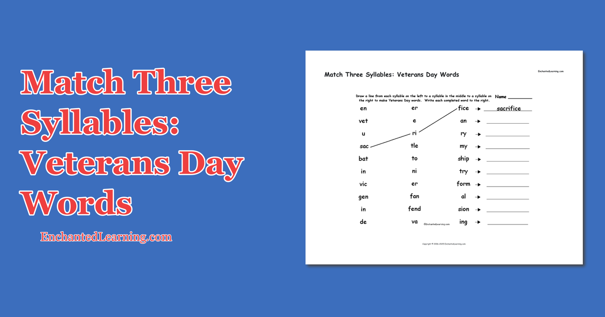Match Three Syllables: Veterans Day Words - Enchanted Learning