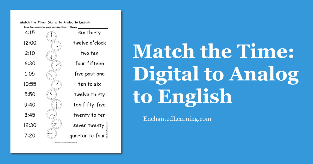 Match the Time: Digital to Analog to English - Enchanted Learning