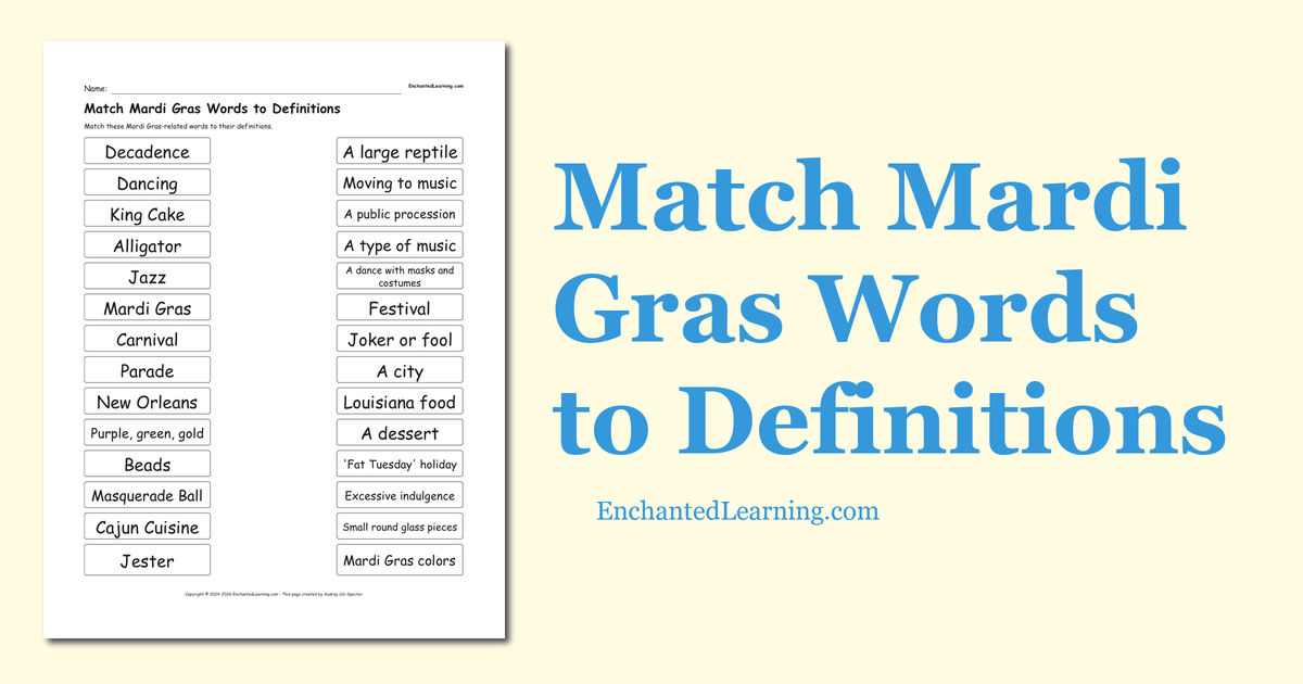 Match Mardi Gras Words to Definitions - Enchanted Learning