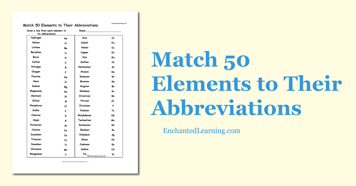 Match 50 Elements to Their Abbreviations - Enchanted Learning