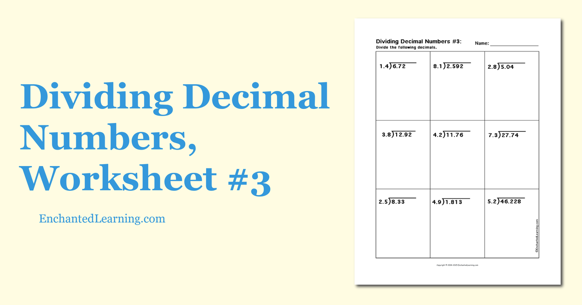 Dividing Decimal Numbers, Worksheet #3 - Enchanted Learning